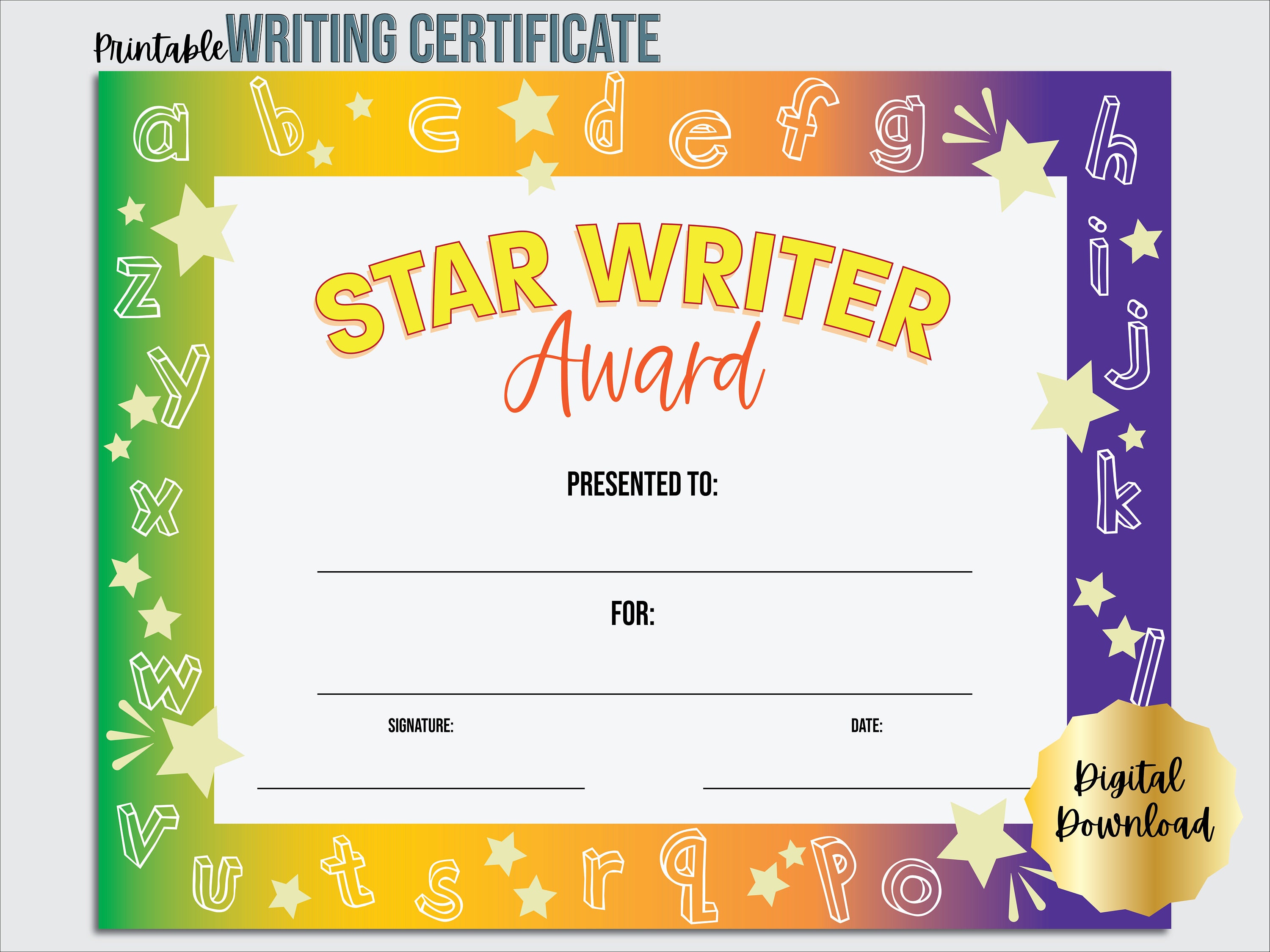Writing Certificate Printable Template, Star Writer Award of Recognition, Classroom Award ...