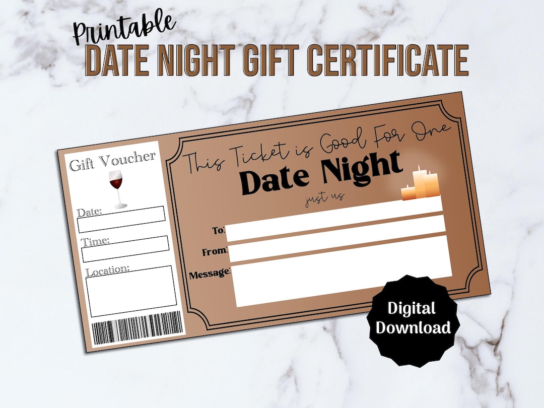Date Night Gift Certificate Voucher for Couple, Printable Date Night ...