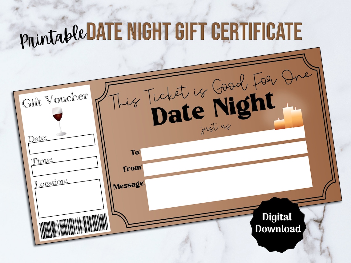 Date Night Gift Certificate Voucher for Couple, Printable Date Night ...