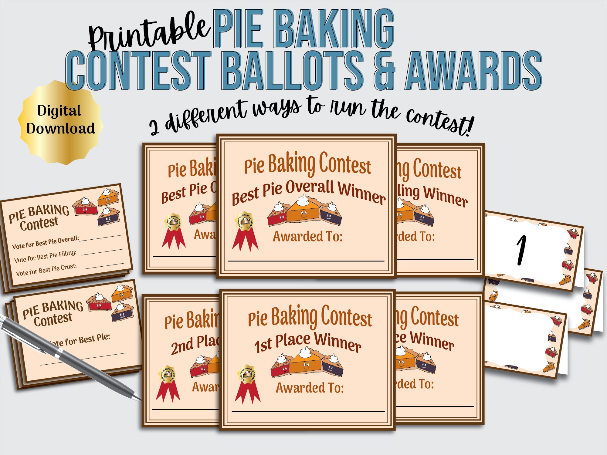 Pie Contest Ballots and Award Certificates Printable, and Table Cards ...