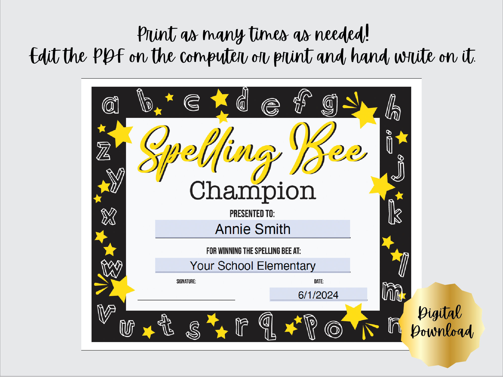 Spelling Bee Certificate Printable Template, Spelling Bee Competition ...