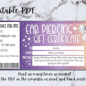 Ear Piercing Gift Certificate Voucher Printable, Ears Pierced Gift ...