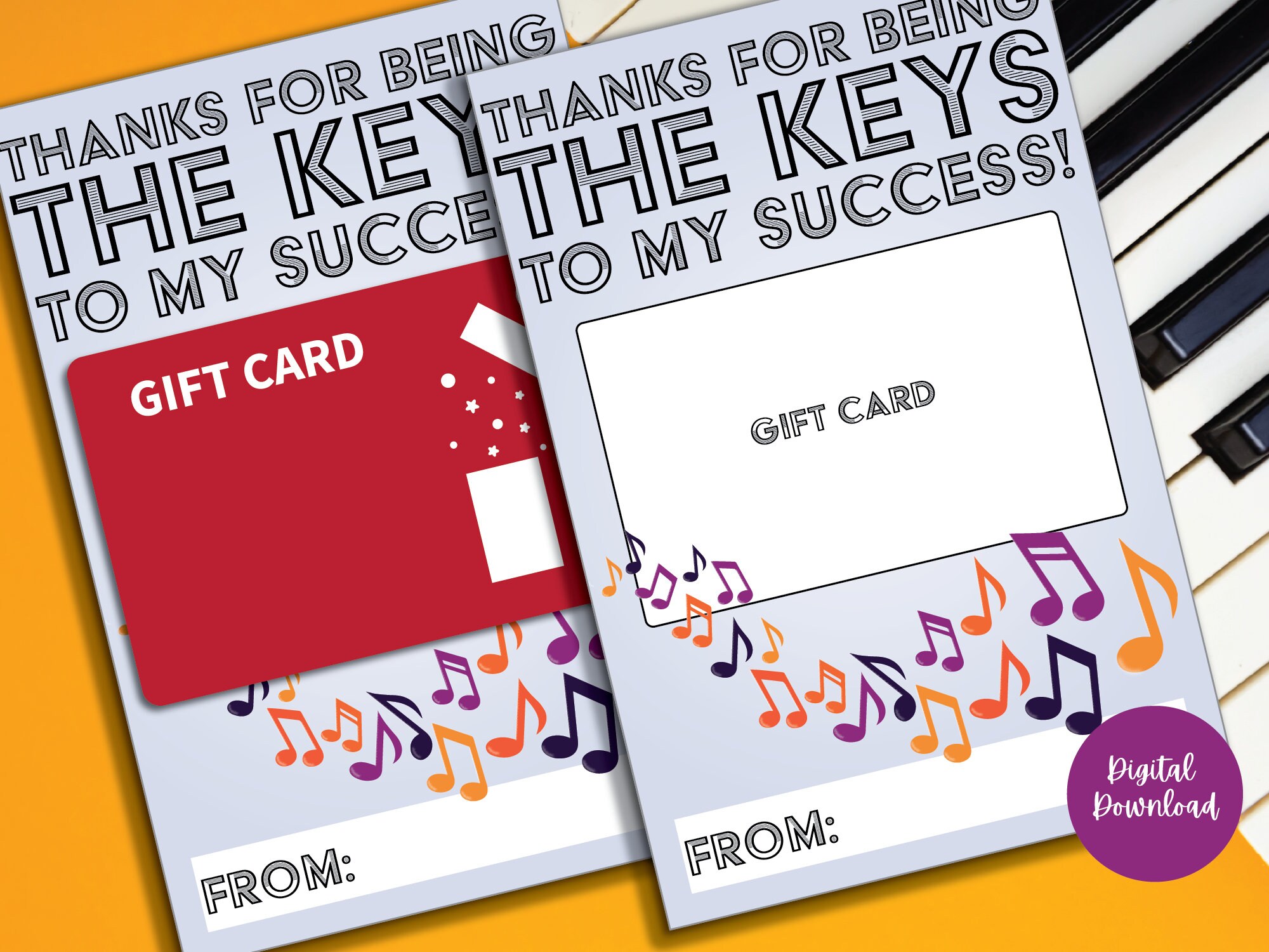 Piano Teacher Printable Gift Card Holder, Thank You Gift Card for Piano ...