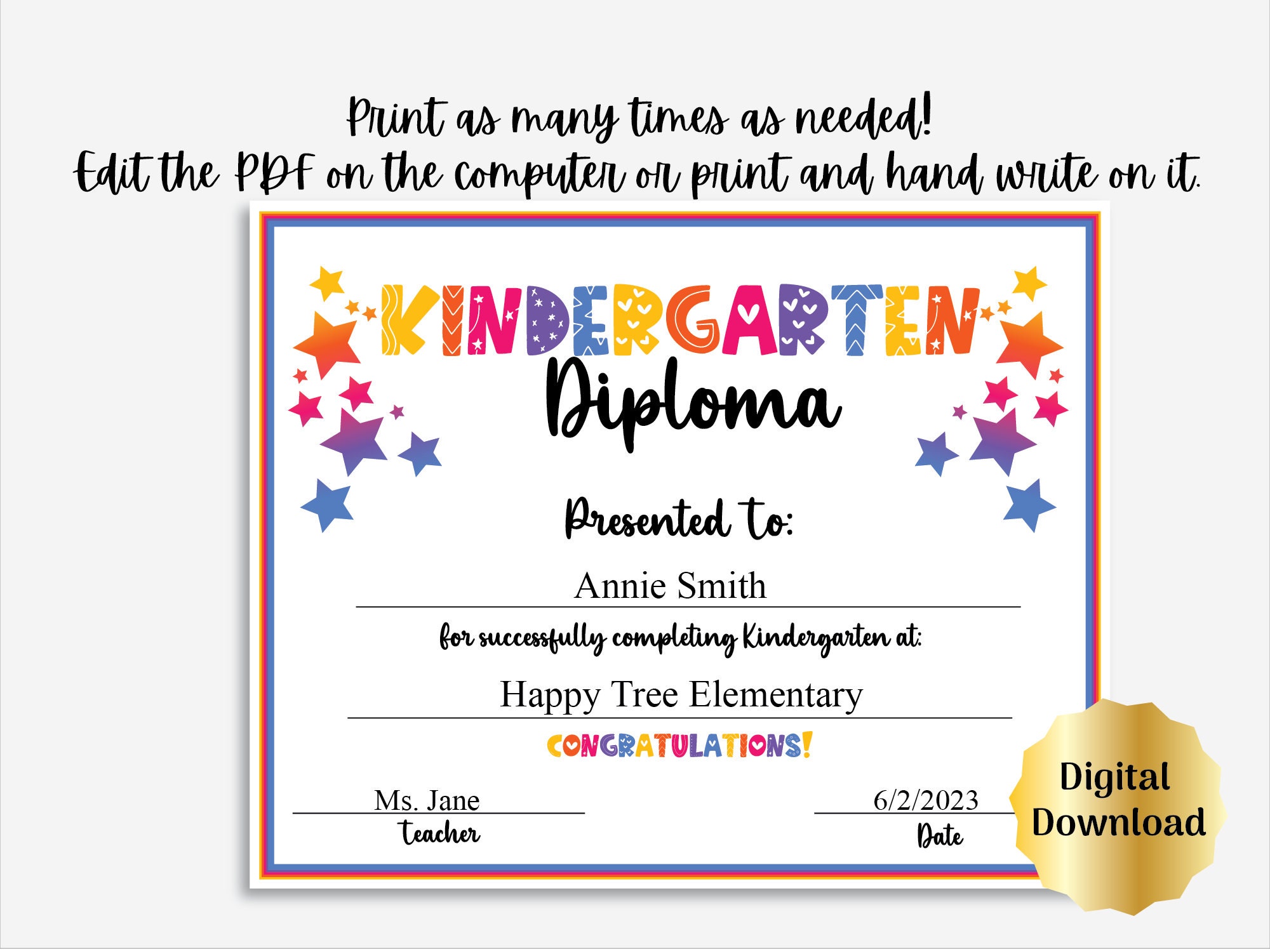 Kindergarten Graduation Diploma Certificate Printable, Kinder Graduate ...