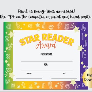 Reading Certificate, Star Reader Award of Recognition, Classroom Award ...