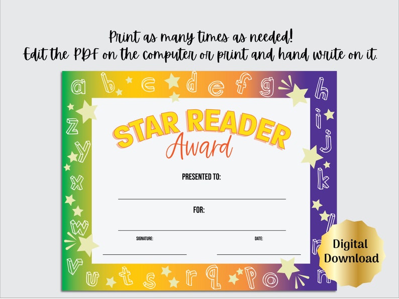Reading Certificate, Star Reader Award of Recognition, Classroom Award ...
