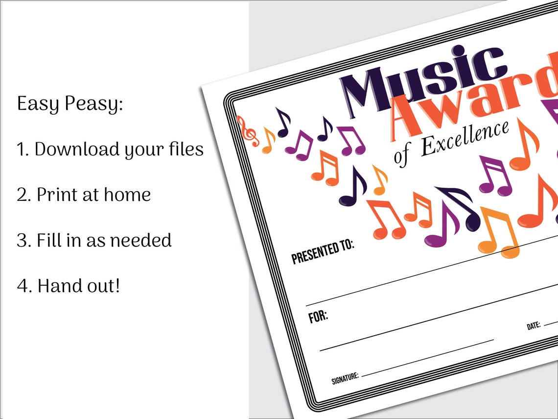 Music Award Certificate Printable for Music Teacher or Music Contest ...