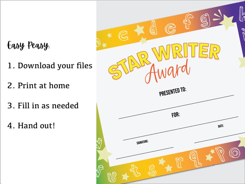 Writing Certificate Printable Template, Star Writer Award of ...