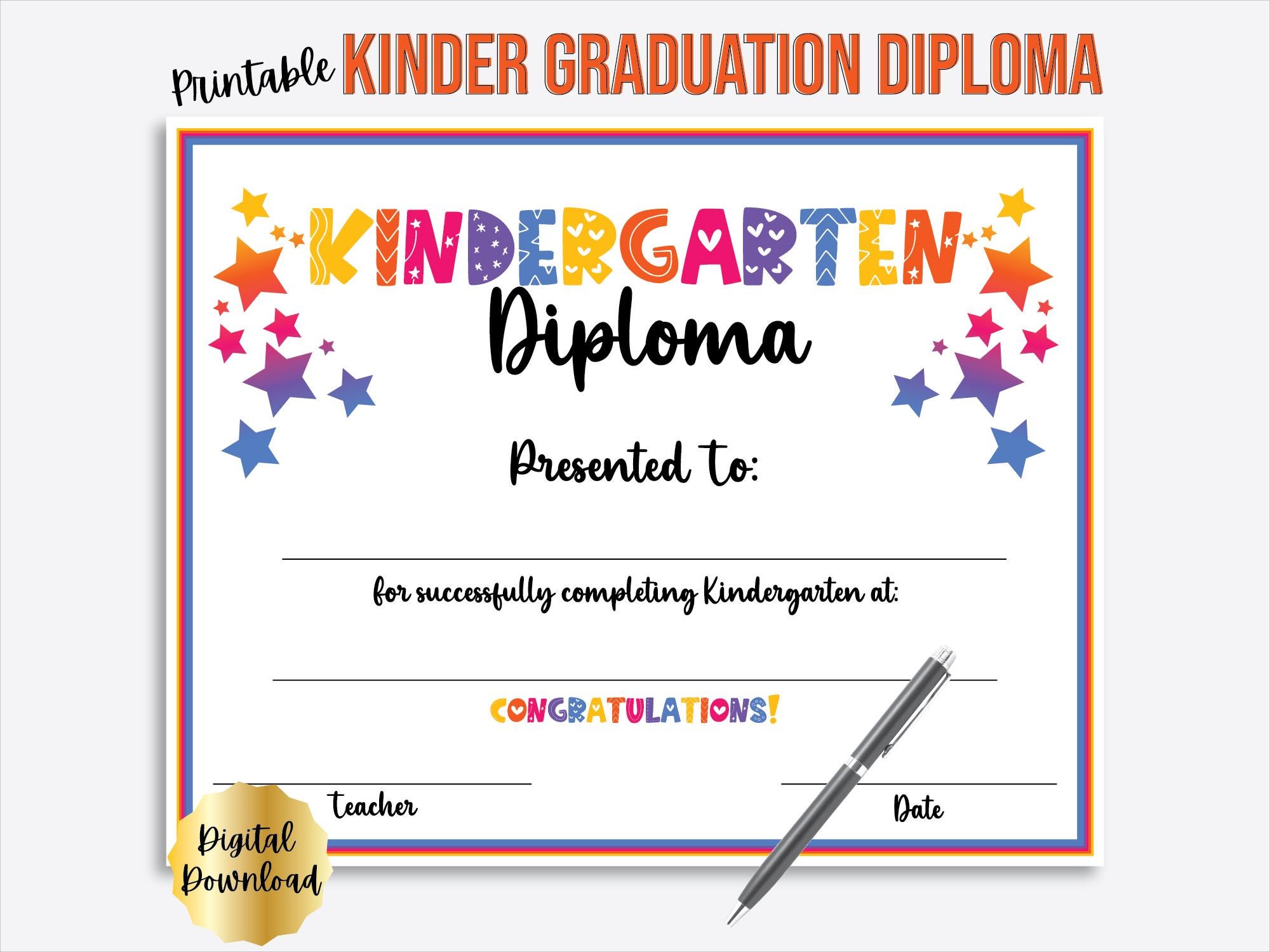 Kindergarten Graduation Diploma Certificate Printable, Kinder Graduate ...