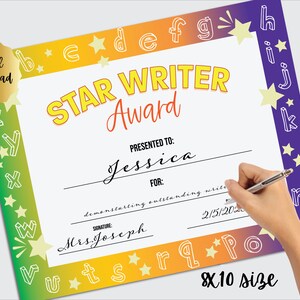 Writing Certificate Printable Template, Star Writer Award of ...