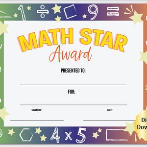Printable Math Star Award Certificate, Classroom Recognition (PDF) - Etsy