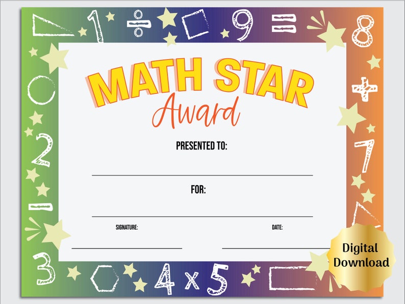 Printable Math Star Award Certificate, Classroom Recognition (PDF) - Etsy