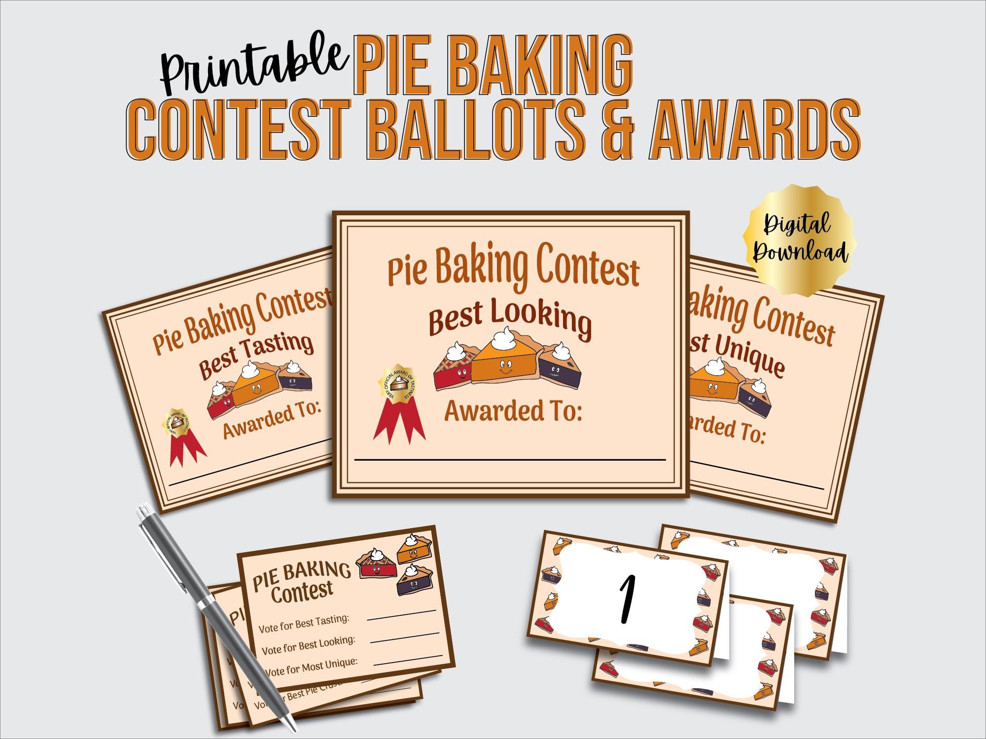 Pie Contest Ballots and Award Certificates Printable, Best Looking Best ...