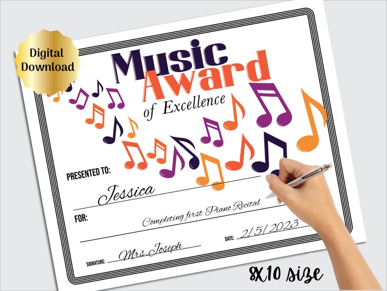 Music Award Certificate Printable for Music Teacher or Music Contest ...