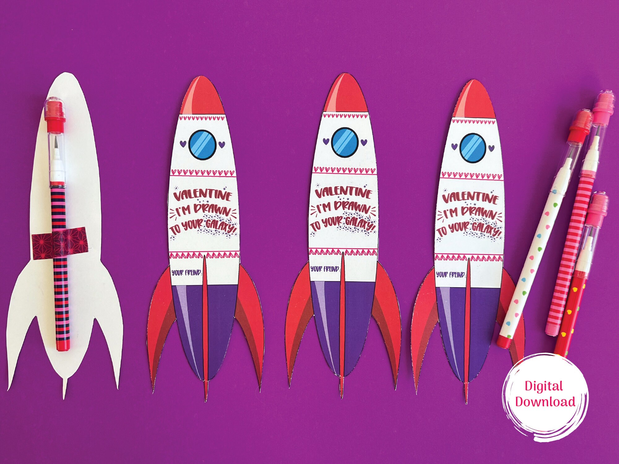 Pencil Rocket DIY Valentine Printable, Outer Space Valentine, Space ...