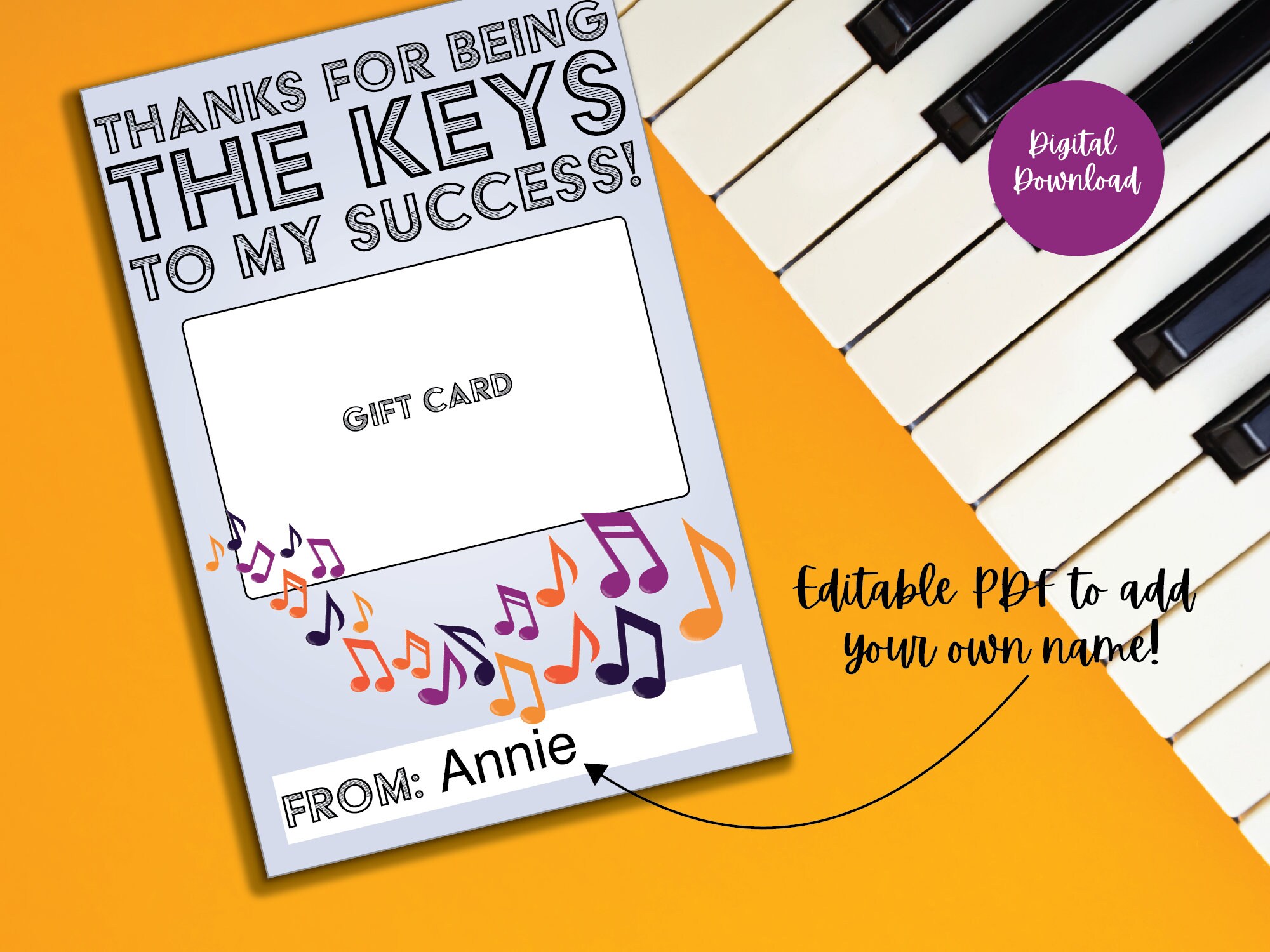 Piano Teacher Printable Gift Card Holder, Thank You Gift Card for Piano ...