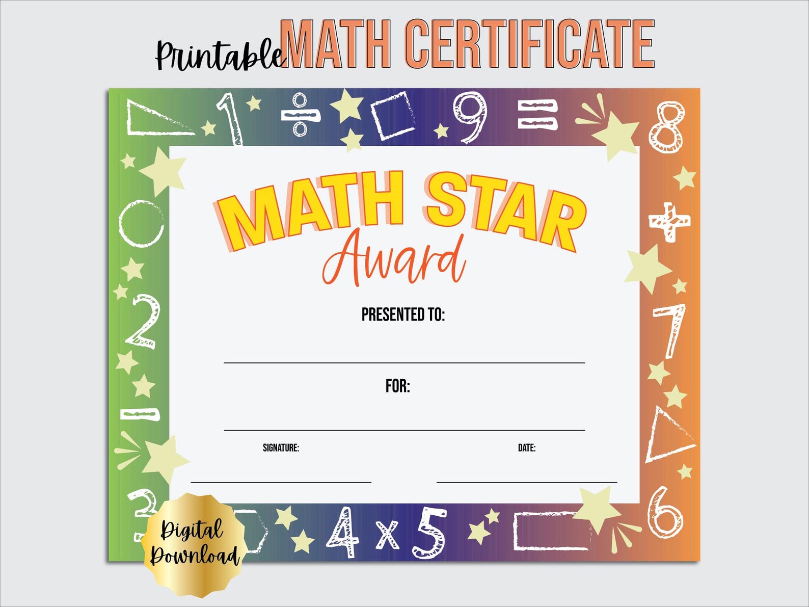 Printable Math Star Award Certificate, Classroom Recognition (PDF) - Etsy