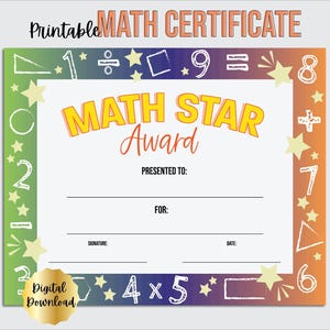 Math Star Certificate Template, Math Star Award of Recognition ...