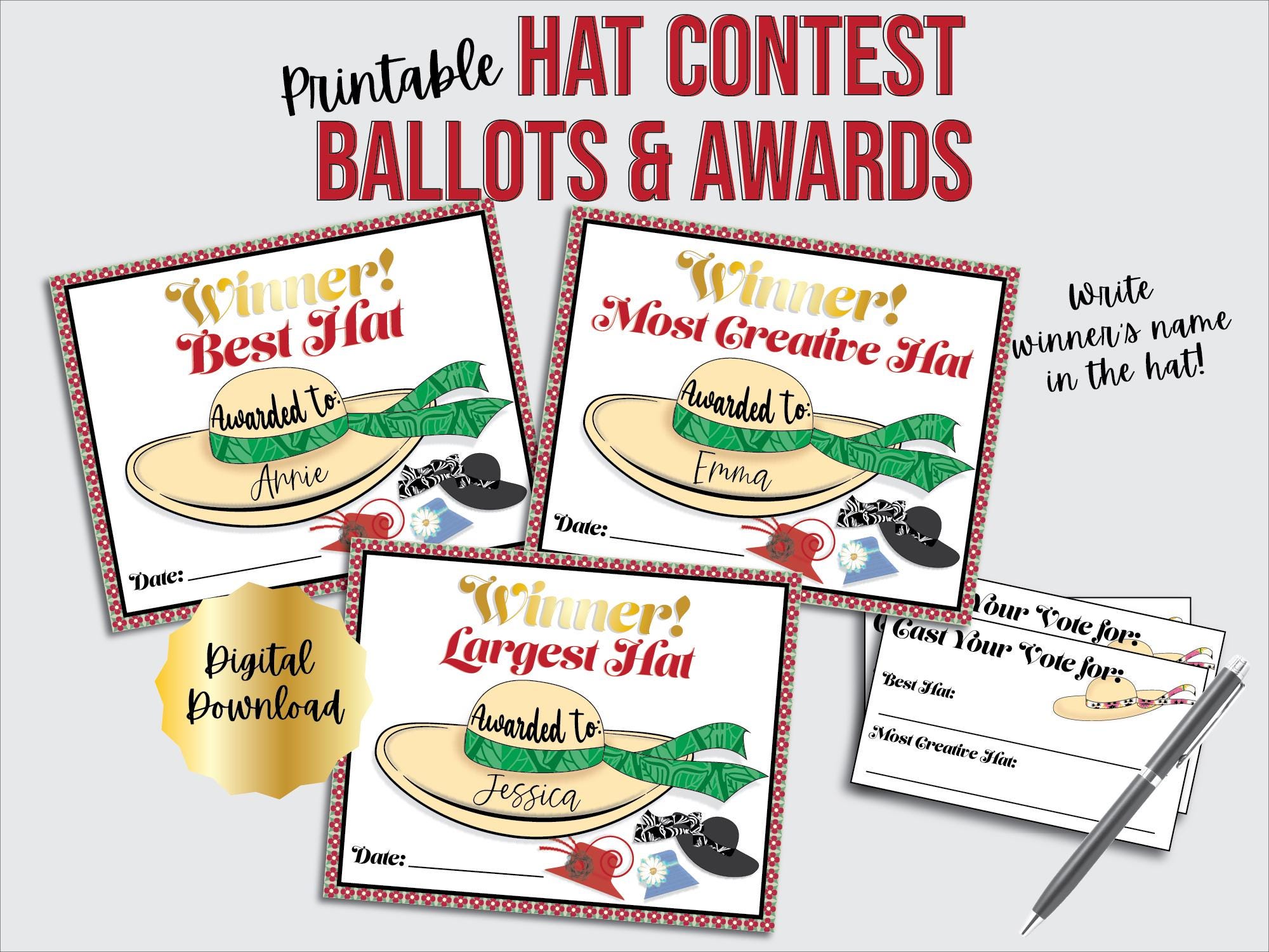 Hat Contest Printable, Best Hat Party Game, Most Creative Hat Award ...