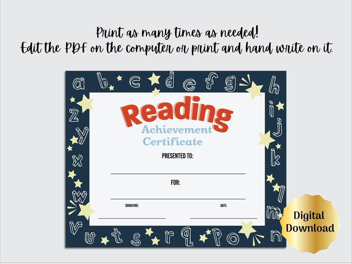 Reading Certificate Template, Award of Recognition, Editable PDF ...