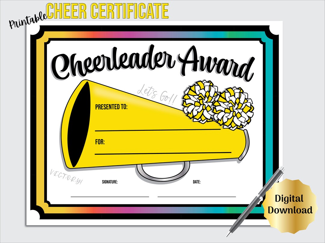Cheerleading Award Certificate Printable, Yellow Cheer Certificate ...