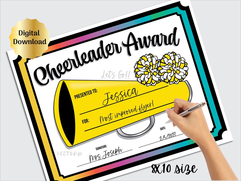 Cheerleading Award Certificate Printable, Yellow Cheer Certificate ...