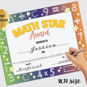 Printable Math Star Award Certificate, Classroom Recognition (PDF) - Etsy