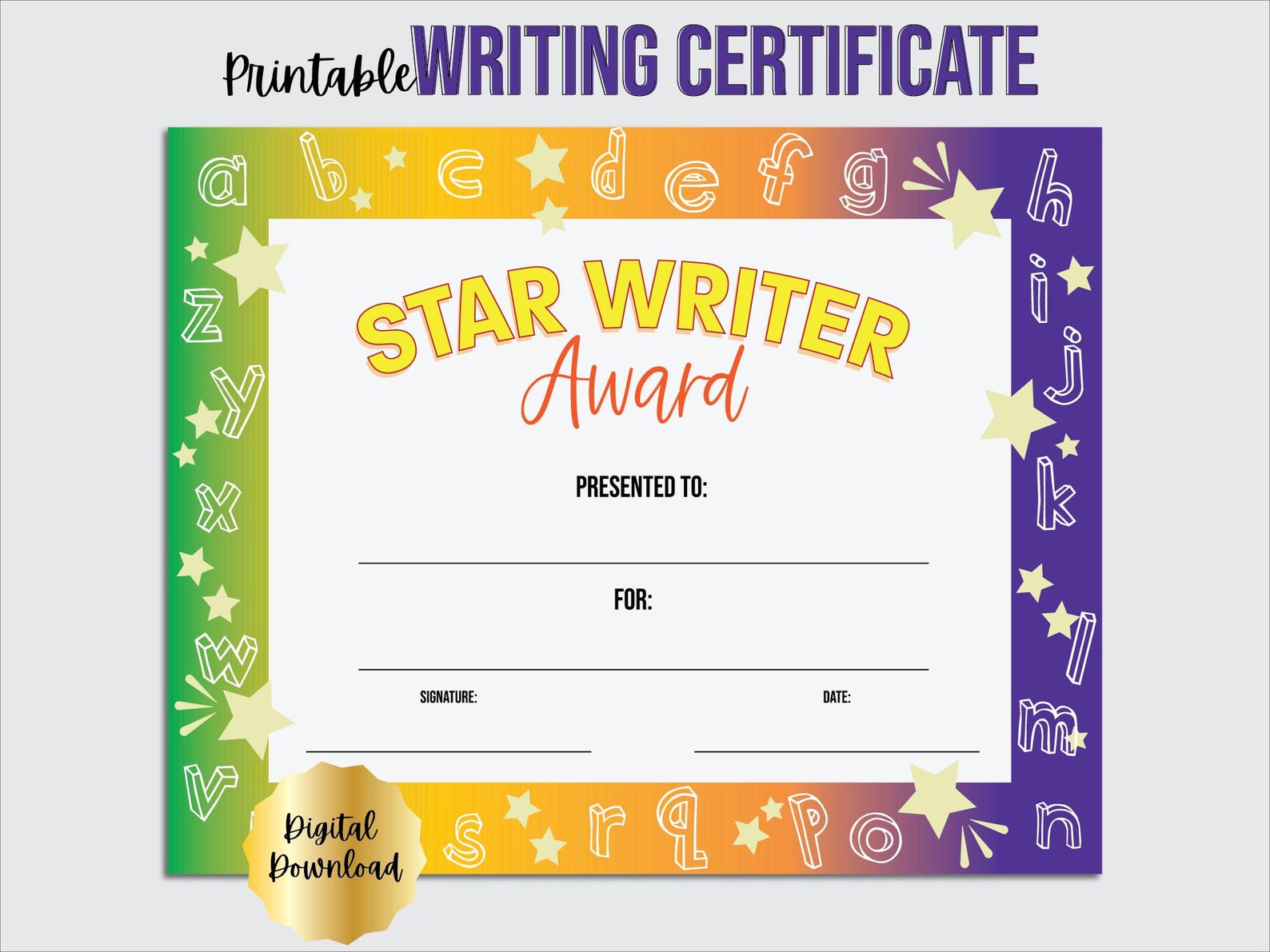 Writing Certificate Printable Template, Star Writer Award of ...