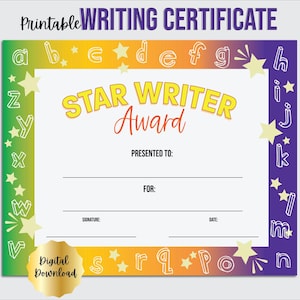 Writing Certificate Printable Template, Star Writer Award of ...