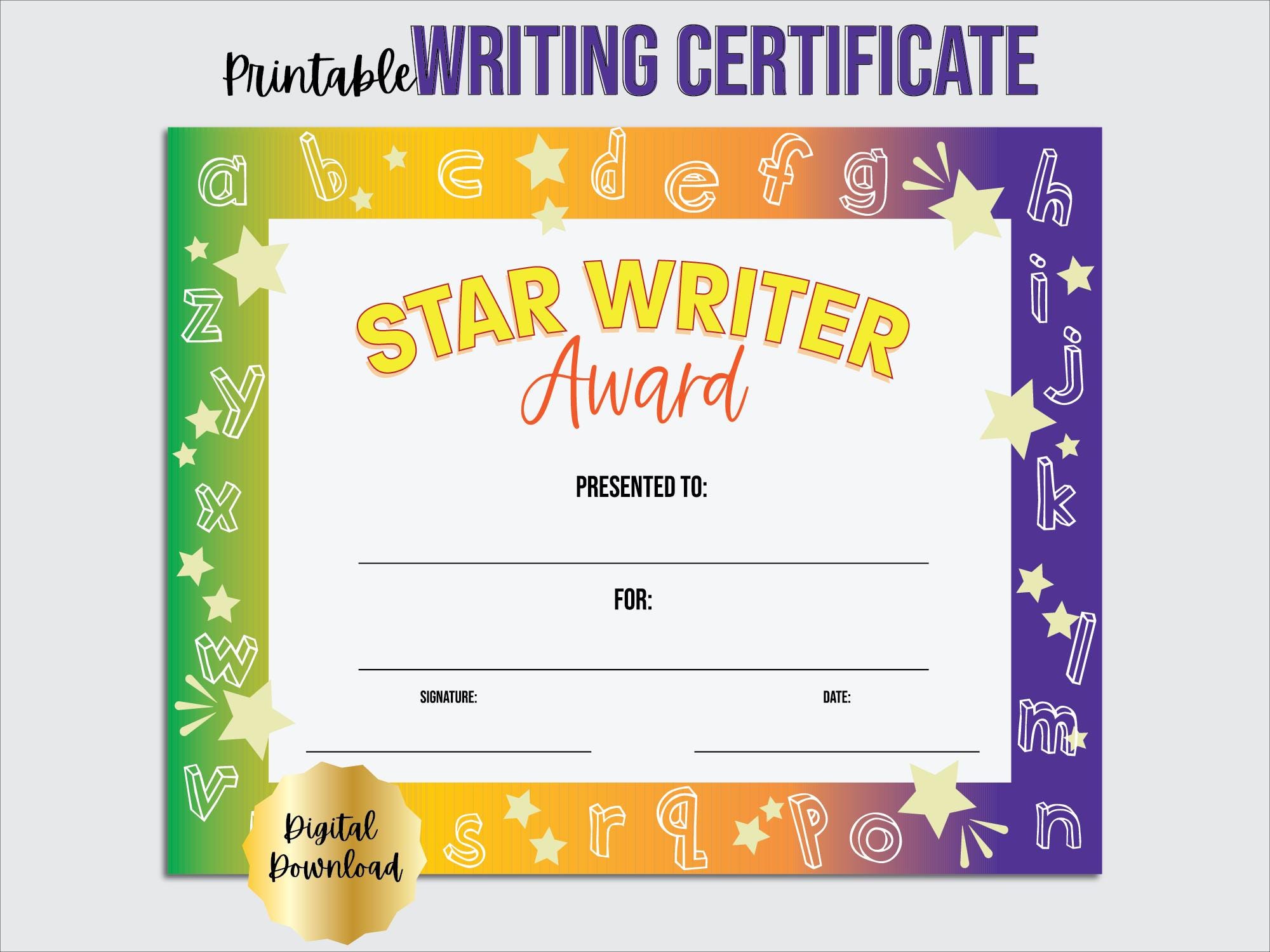 Writing Certificate Printable Template, Star Writer Award of ...