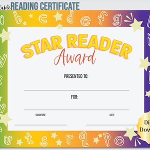 Reading Certificate, Star Reader Award of Recognition, Classroom Award ...