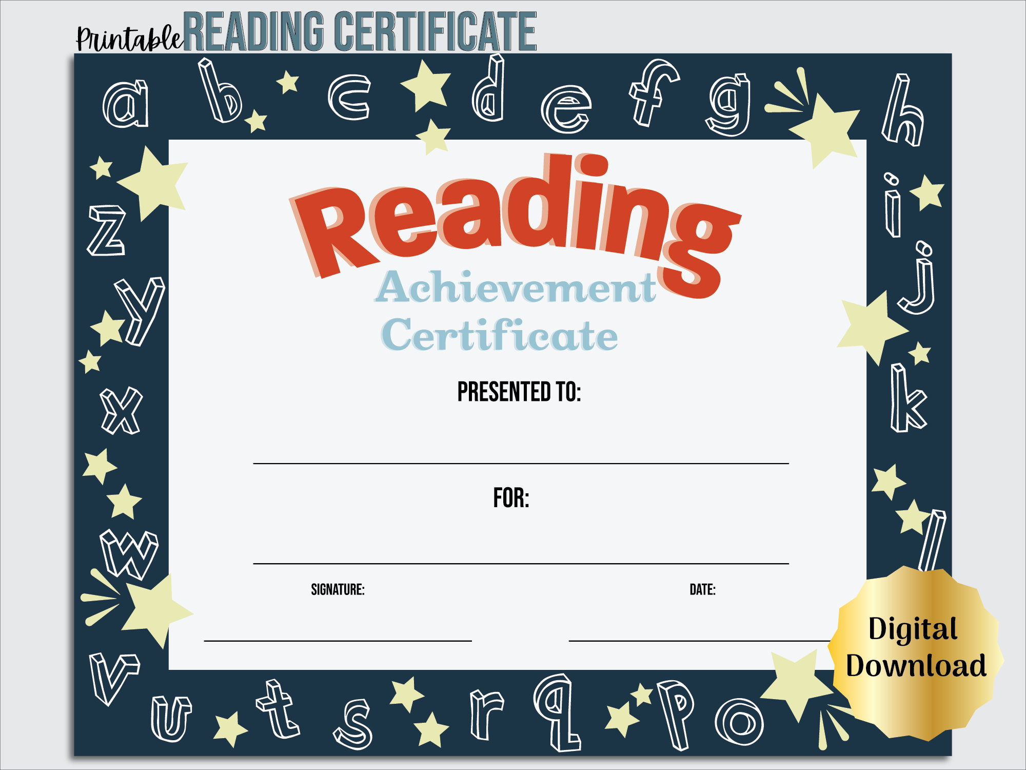 Reading Certificate, Award of Recognition, Editable PDF Digital ...