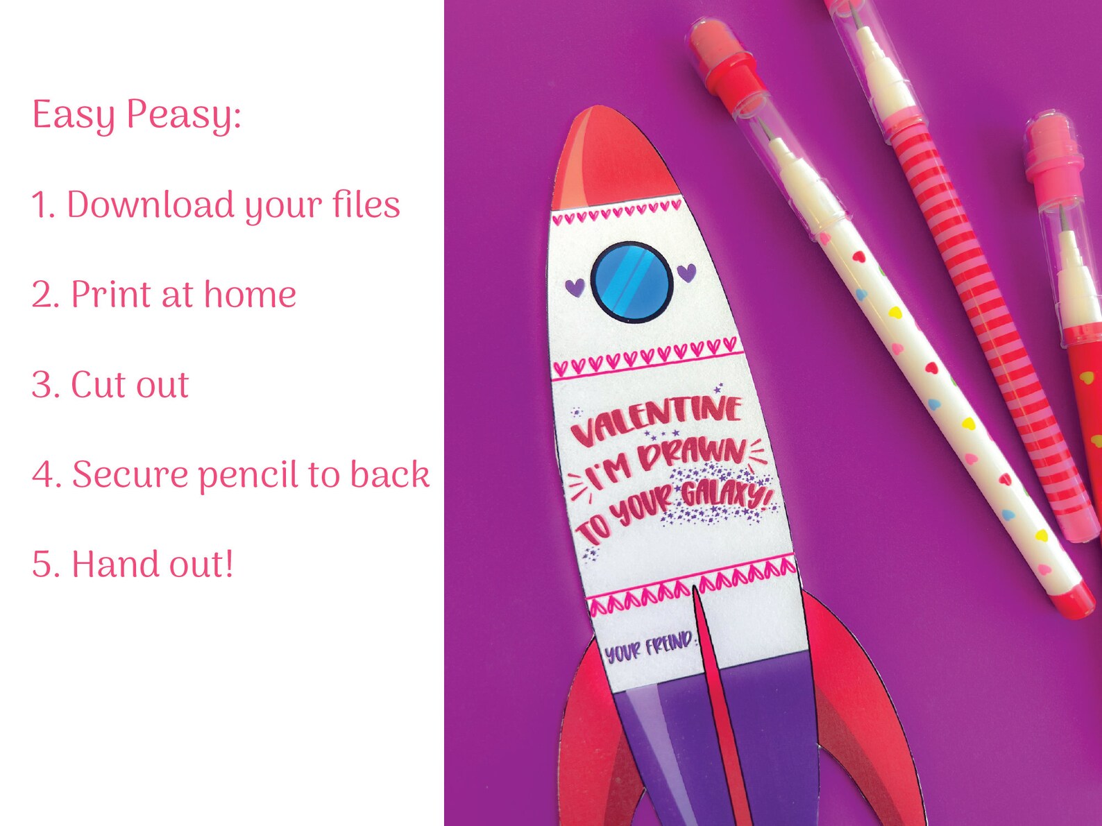 Pencil Rocket DIY Valentine Printable, Outer Space Valentine, Space ...