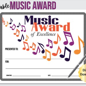 Music Award Certificate Printable for Music Teacher or Music Contest ...