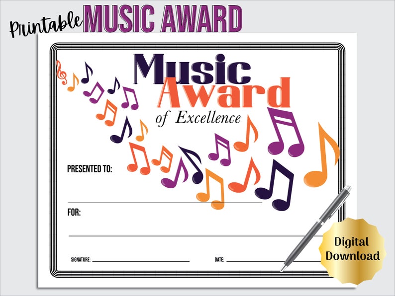 Music Award Certificate Printable for Music Teacher or Music Contest ...