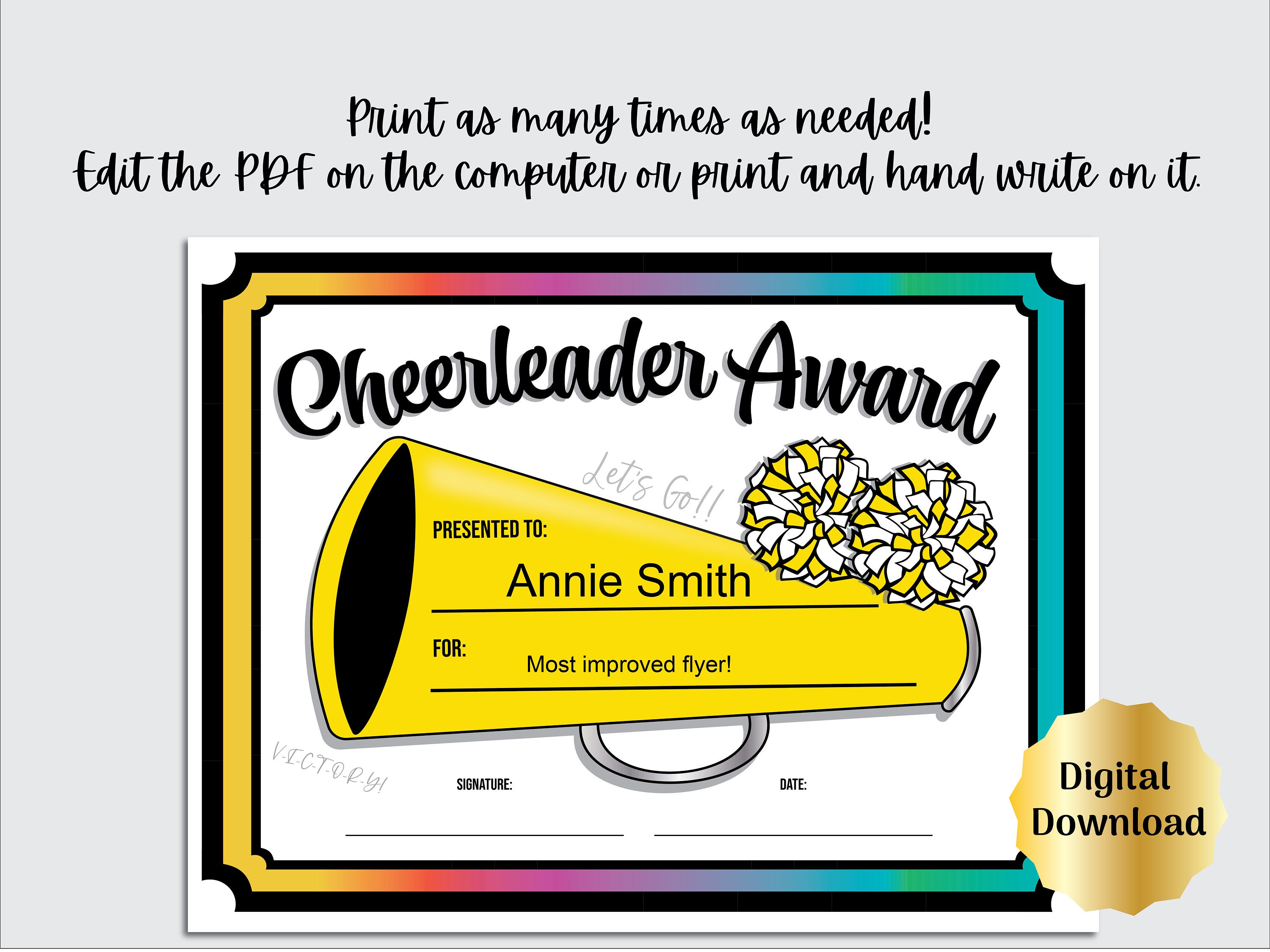 Cheerleading Award Certificate Printable, Yellow Cheer Certificate ...