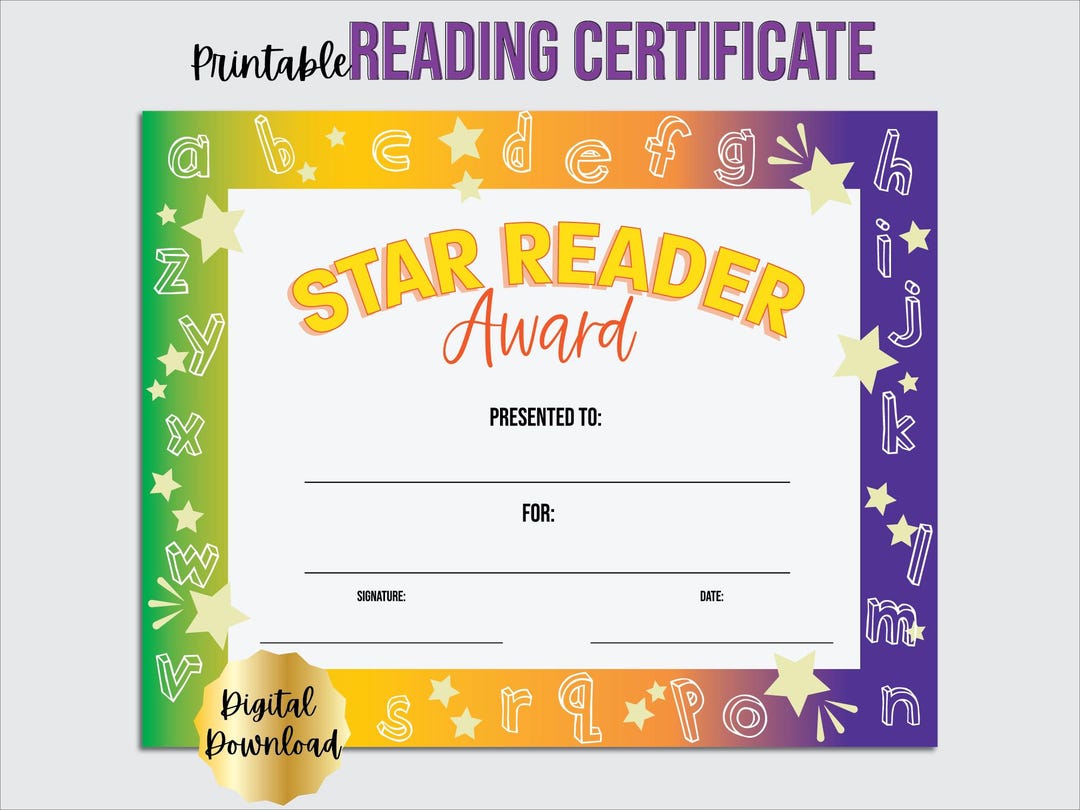 Star Reader Certificate Template, Reading Award of Recognition ...