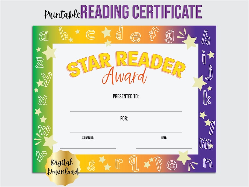 Star Reader Certificate Template, Reading Award of Recognition ...