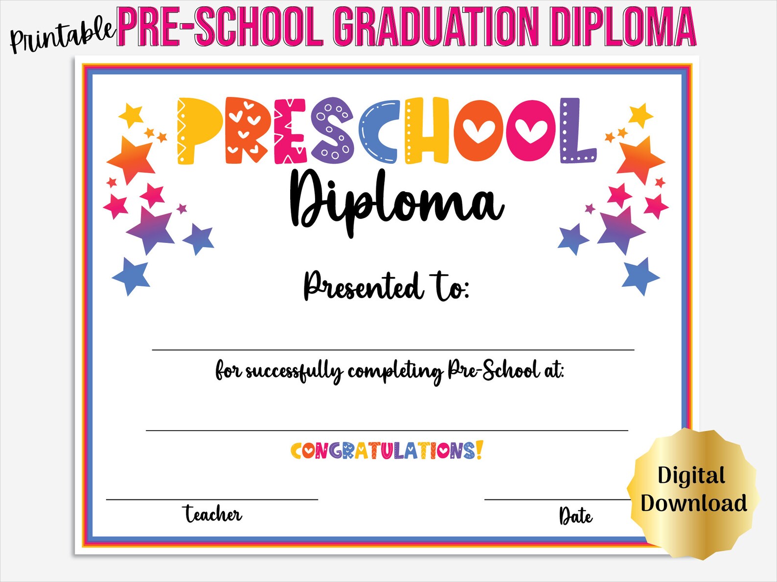 Preschool Graduation Diploma Certificate Printable, Preschool Graduate ...
