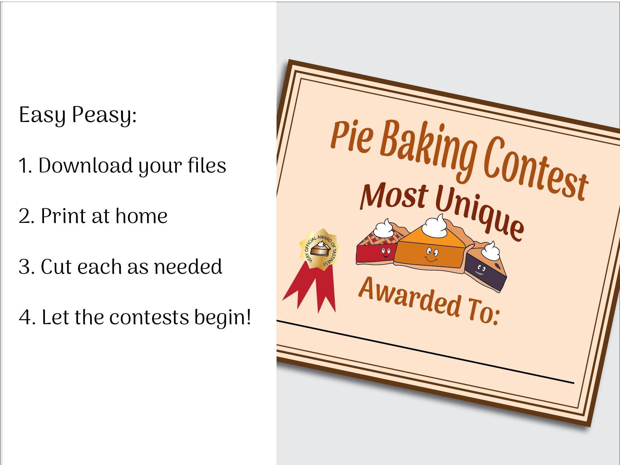 Pie Contest Ballots and Award Certificates Printable, Best Looking Best ...