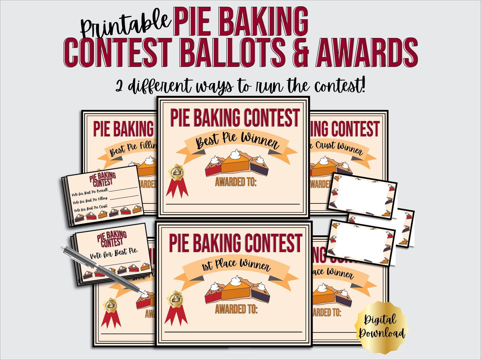 Pie Baking Contest Award Certificates, Voting Ballots & Table Cards for ...