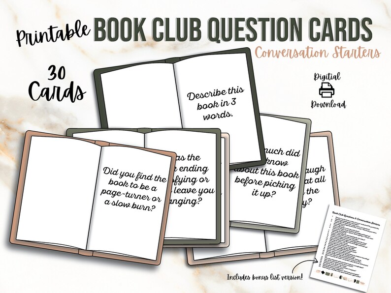 Printable Book Club Question Cards, Book Club Conversation Starters ...