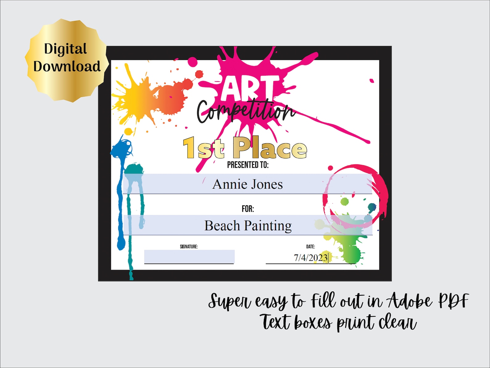 Art Competition Award Certificate Includes 1st 2nd and 3rd Place ...