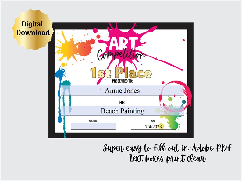 Art Competition Award Certificate Includes 1st 2nd and 3rd Place ...