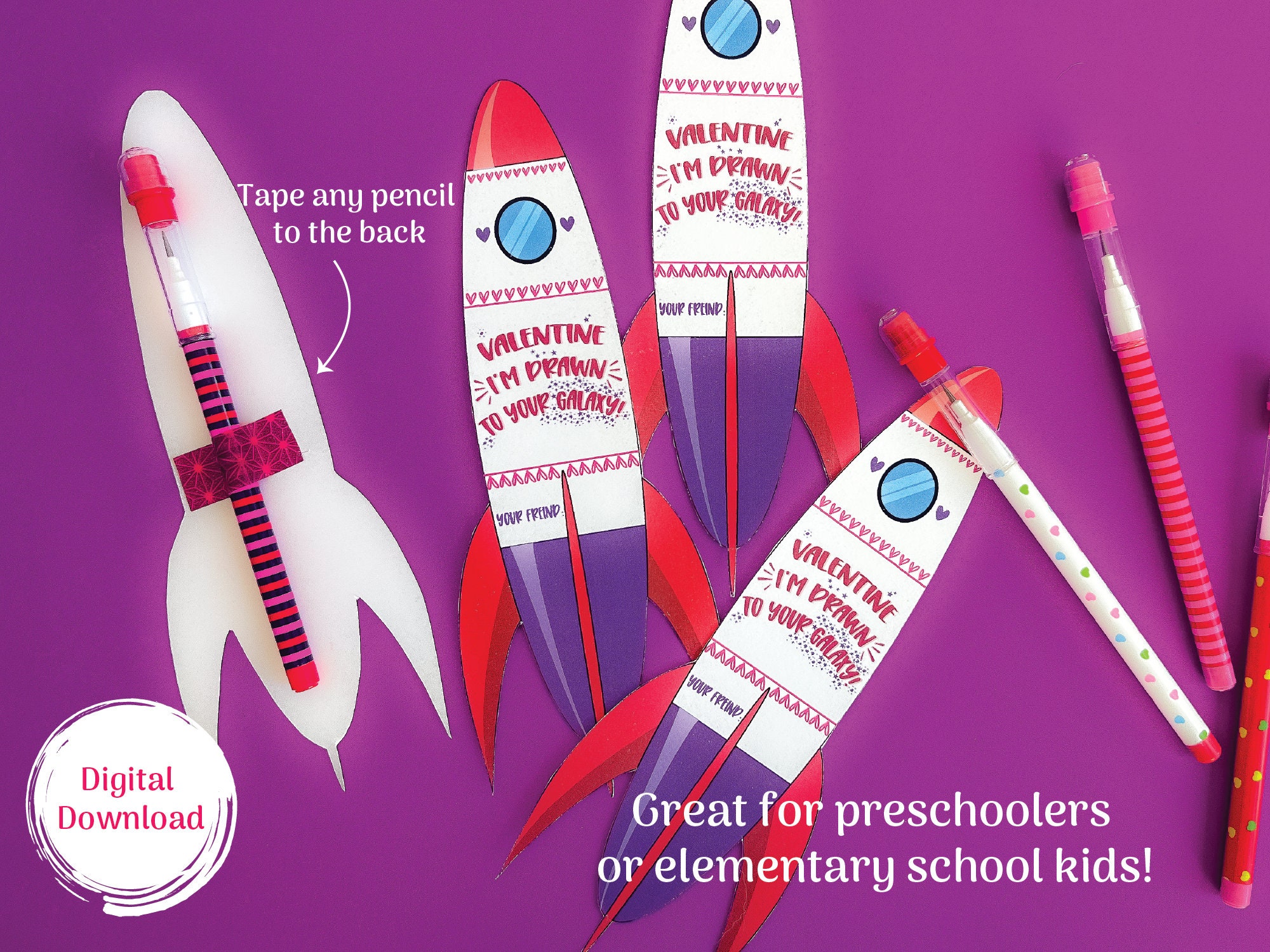 Pencil Rocket DIY Valentine Printable, Outer Space Valentine, Space ...