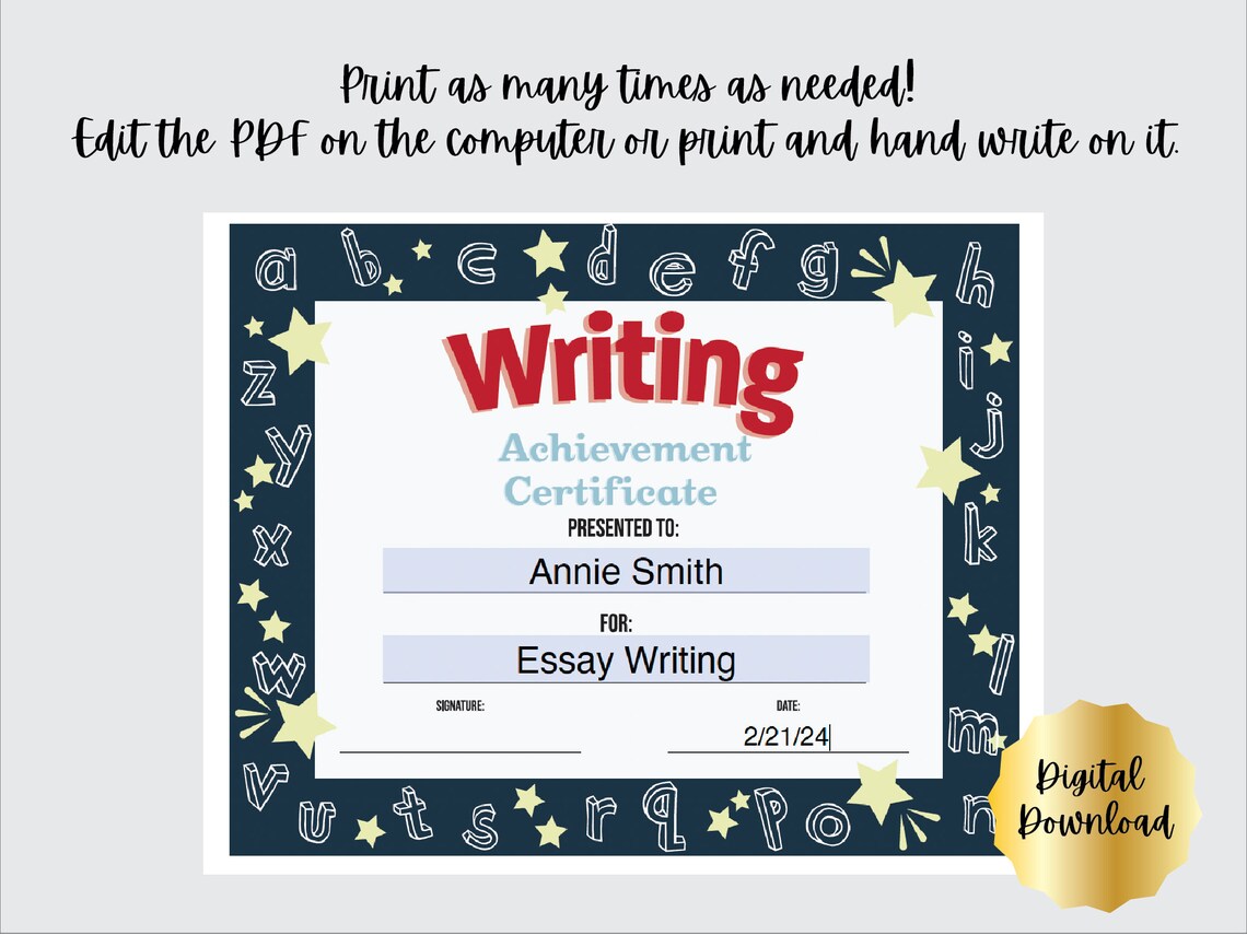 Writing Certificate Printable Template, Writer Achievement Certificate ...