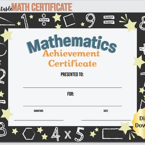 Math Certificate Award of Recognition, Editable PDF Digital Download ...