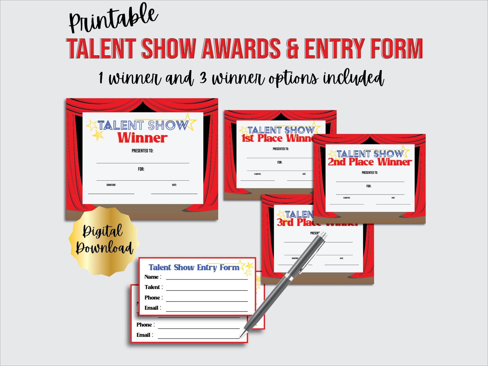 Talent Show Award Certificates and Entry Form for Contest, Talent ...