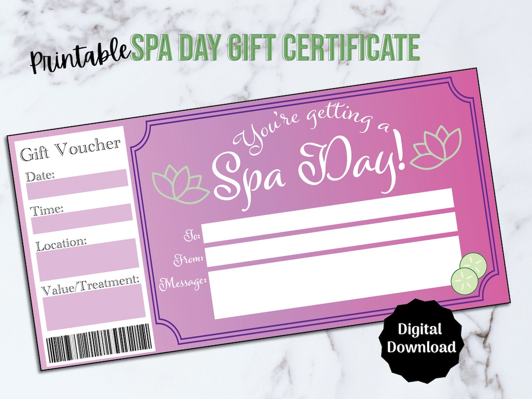 Spa Day Gift Certificate Voucher Printable, Spa Day Gift Certificate ...