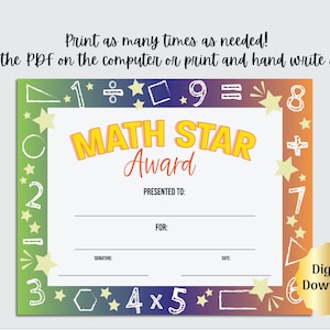 Math Star Certificate, Math Star Award of Recognition, Classroom Award ...